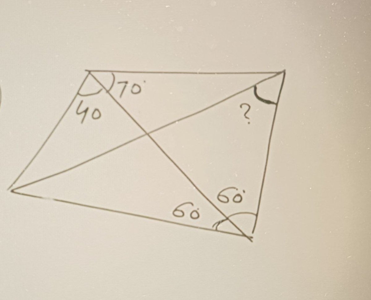 Find the missing angle marked '?' in the given quadrilateral with interse..