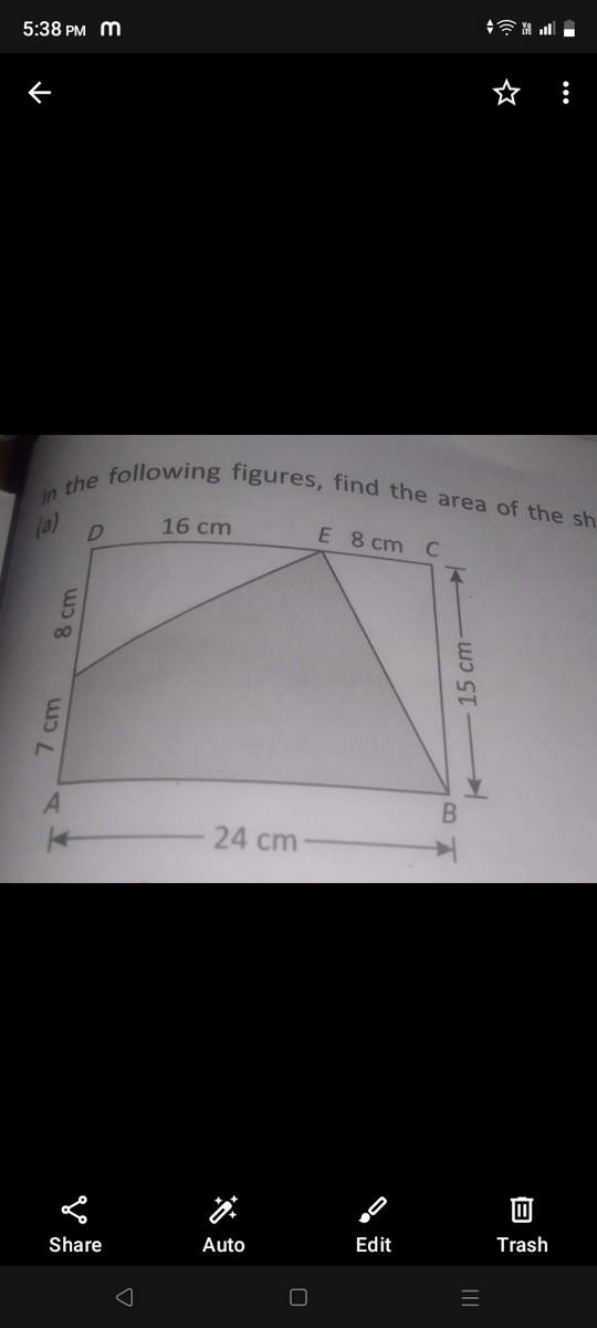 In the rectangle ABCD, a triangle ADE is cut out. Given the dimensions: D..