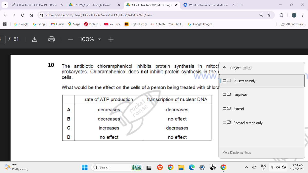 The antibiotic chloramphenicol inhibits protein synthesis in mitochondria..