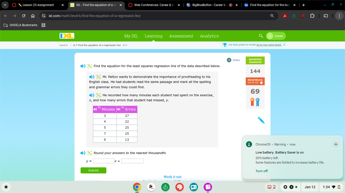 Find the equation for the least squares regression line of the data descr..