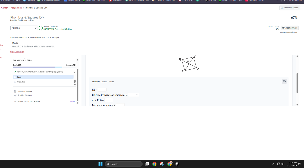 Given a rhombus/square diagram with vertices labeled R, P, Z, and Y, and