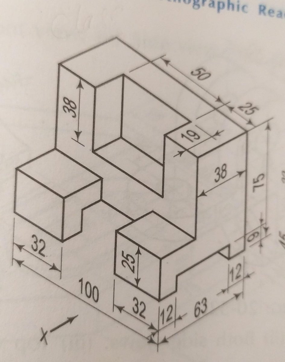 Given the orthographic view of a 3D object with the following dimensions