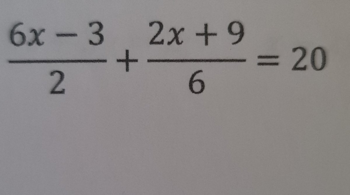 Solve for x: (6x - 3)/2 + (2x + 9)/6 = 20 | Filo