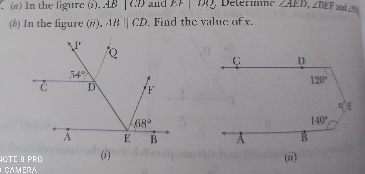 (a) In figure (i), AB || CD and EF || DQ. Determine \angle AED , \angle..