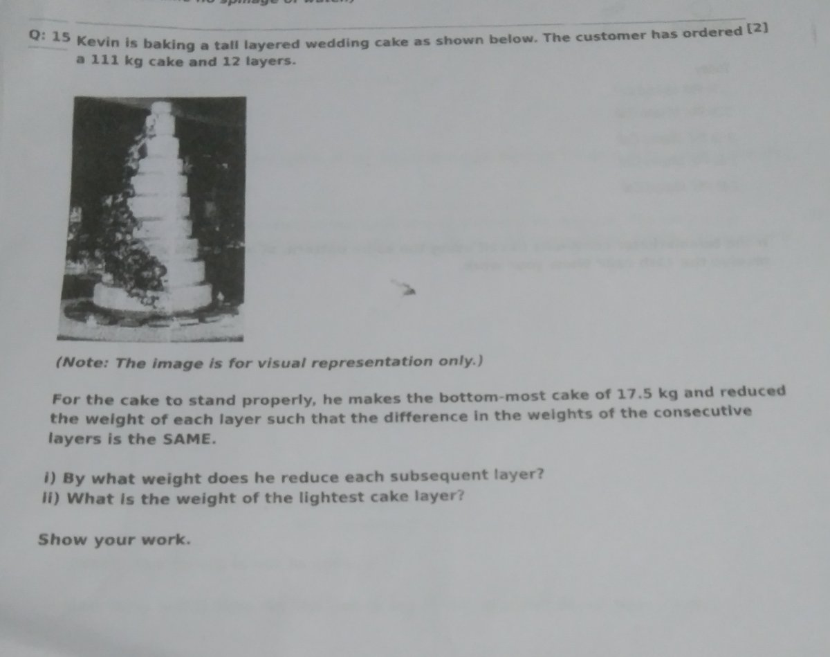 Q: 15 Kevin is baking a tall layered wedding cake as shown below. The cus..