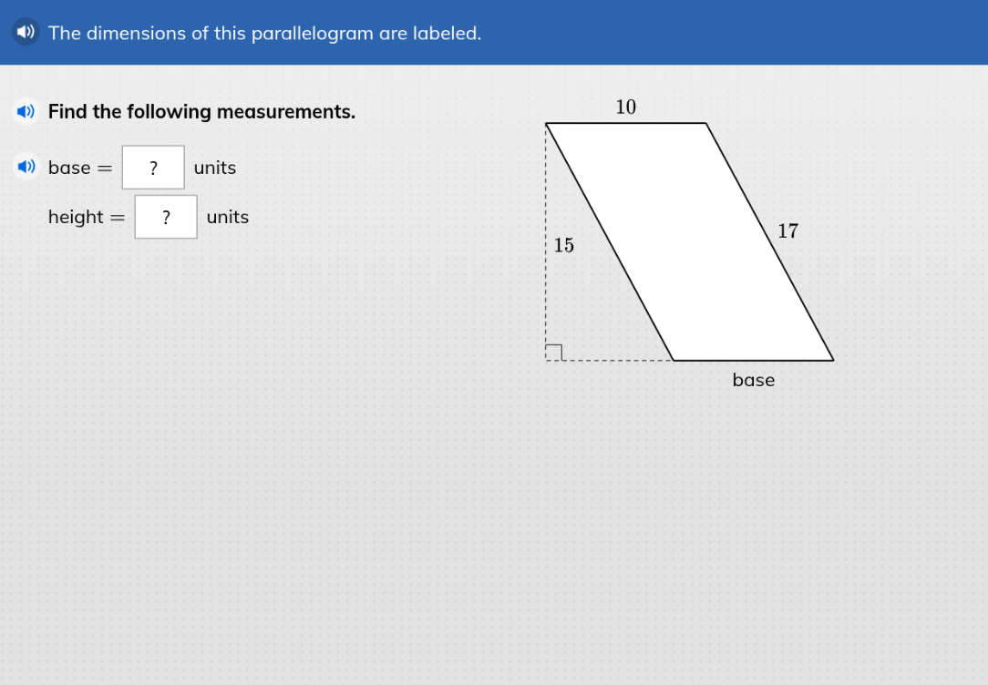 The dimensions of the parallelogram are labeled as shown: the top side me..