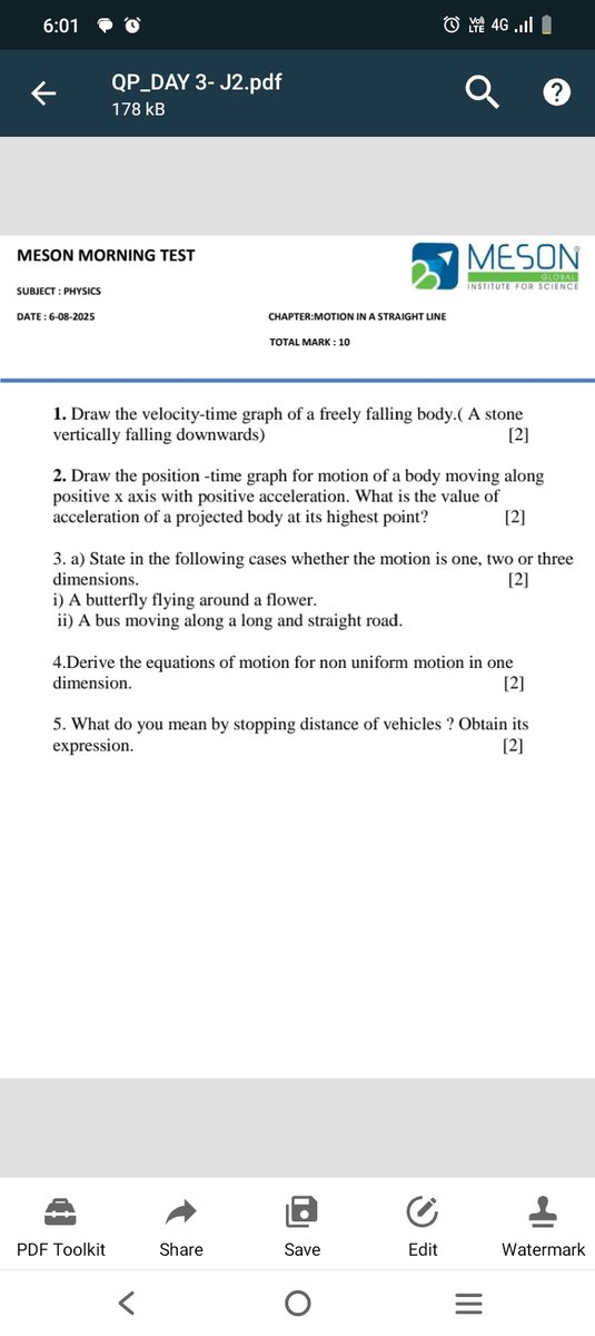 Draw the velocity-time graph of a freely falling body (a stone vertically..