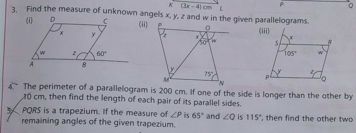 Find the values of unknown angles x, y, z, and w in the given figures: (i..