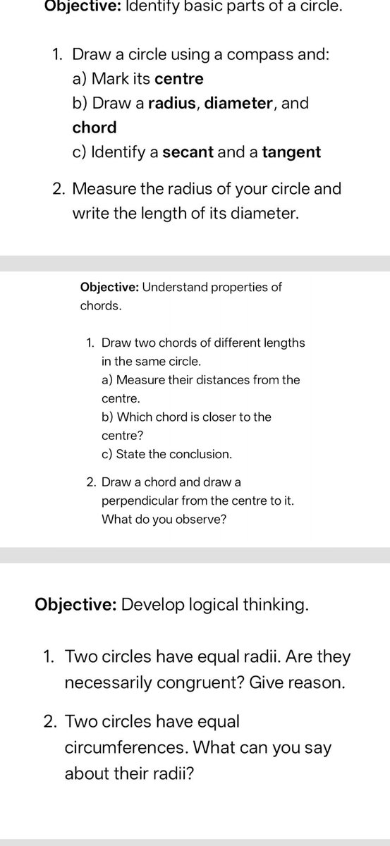 Objective: Identify basic parts of a circle. Draw a circle using a compa..