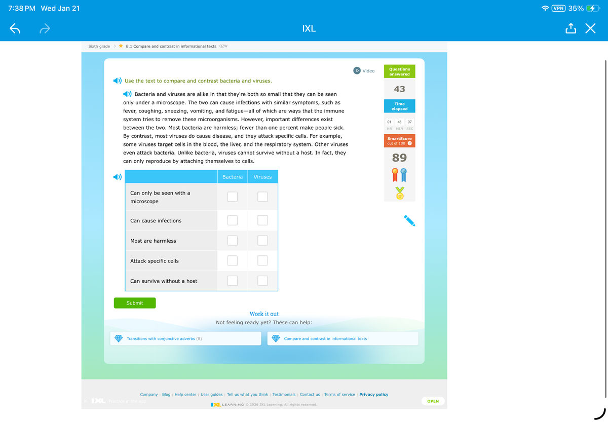 Use the text to compare and contrast bacteria and viruses.
