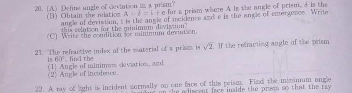 Question 20 (A) Define angle of deviation in a prism. (B) Obtain the rel..
