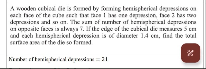 A wooden cubical die is formed by making hemispherical depressions on eac..
