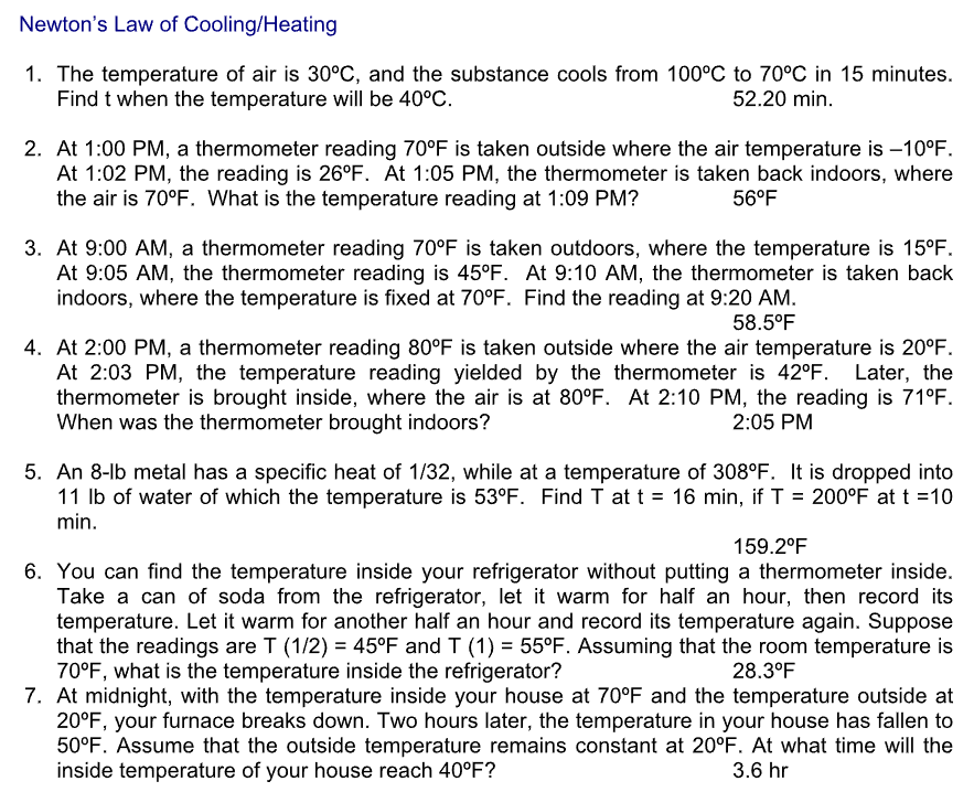 Newton's Law of Cooling/Heating The temperature of air is 30°C, and the