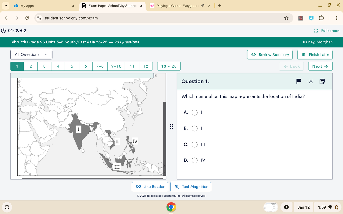 Which numeral on this map represents the location of India? A. I B. II C..