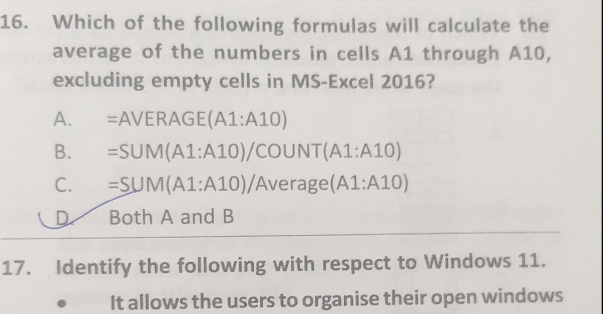Which of the following formulas will calculate the average of the numbers..