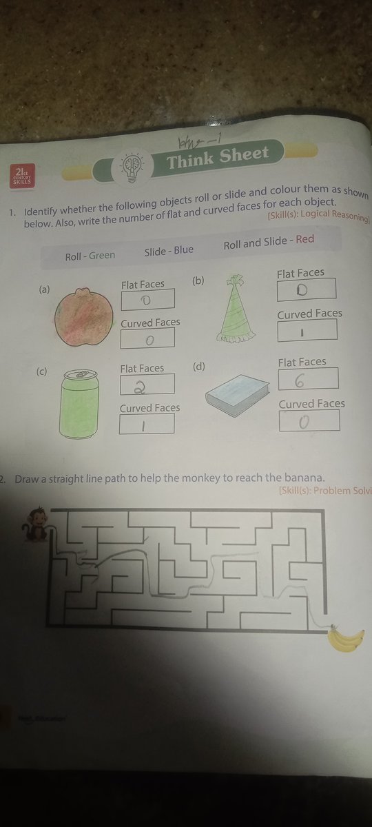 Identify whether the following objects roll or slide and colour them as s..