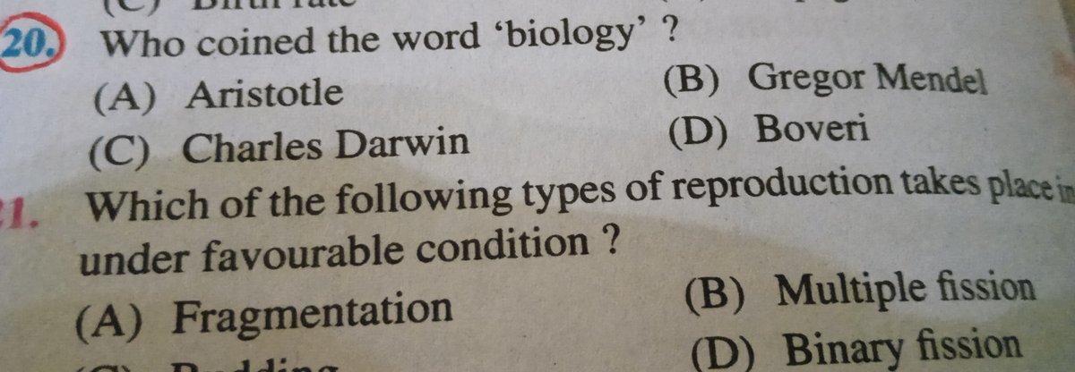 Who coined the word 'biology'? (A) Aristotle (B) Gregor Mendel (C) Cha..