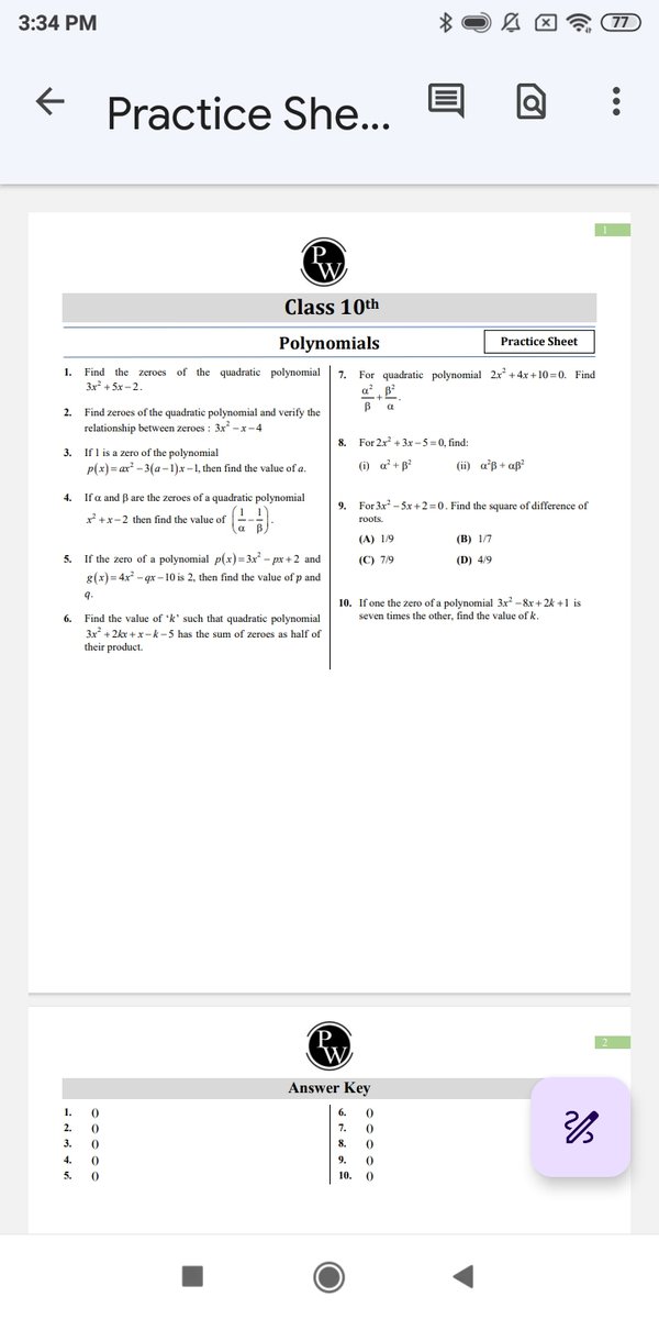 Find the zeroes of the following quadratic polynomials and solve related