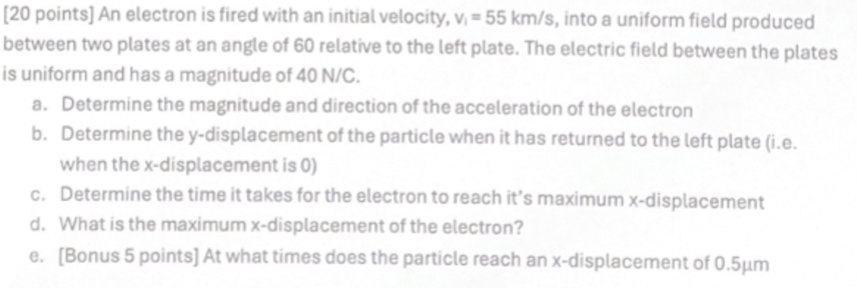 An electron is fired with an initial velocity, v₁ = 55 km/s, into a unifo..