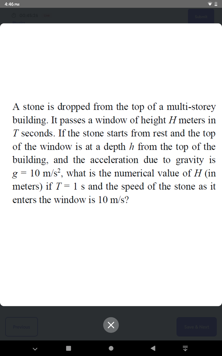 A stone is dropped from the top of a multi-storey building. It passes a w..