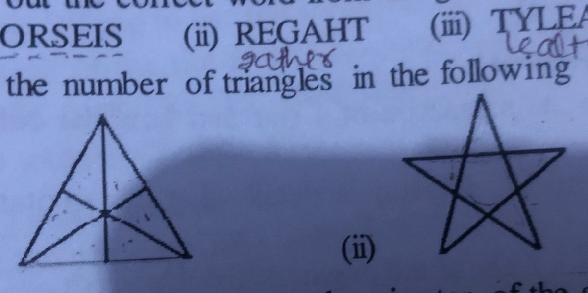 Find the number of triangles in the following diagrams: A large triangle..
