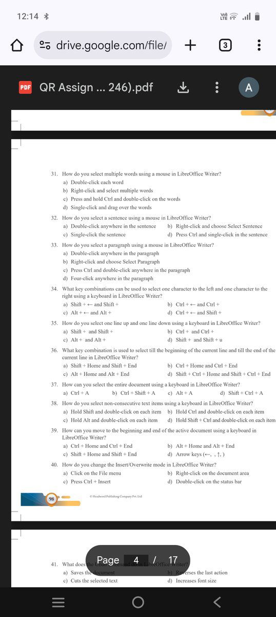 How do you select multiple words using a mouse in LibreOffice Writer? a)