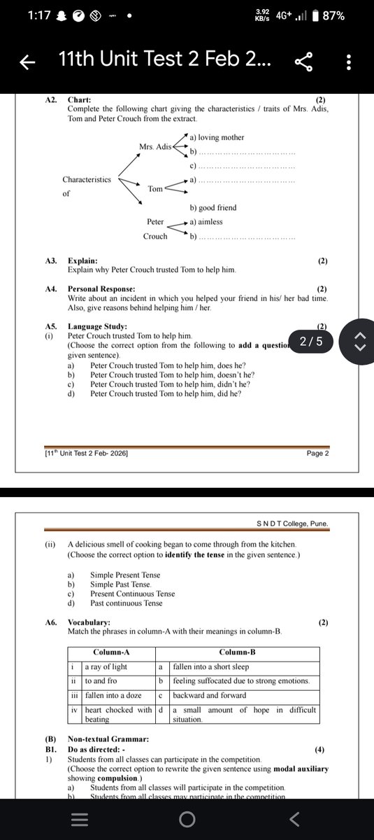 A2. Chart: Complete the following chart giving the characteristics / trai..