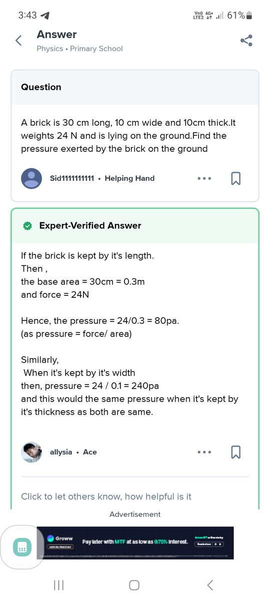 3:43 Answer Physics•Primary School Question A brick is 30 cm long, 10