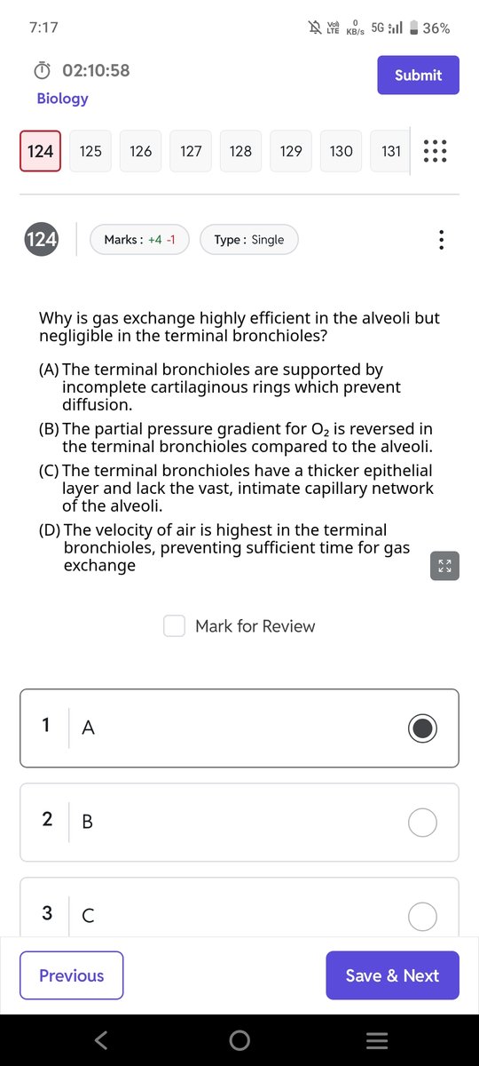 Why is gas exchange highly efficient in the alveoli but negligible in the..