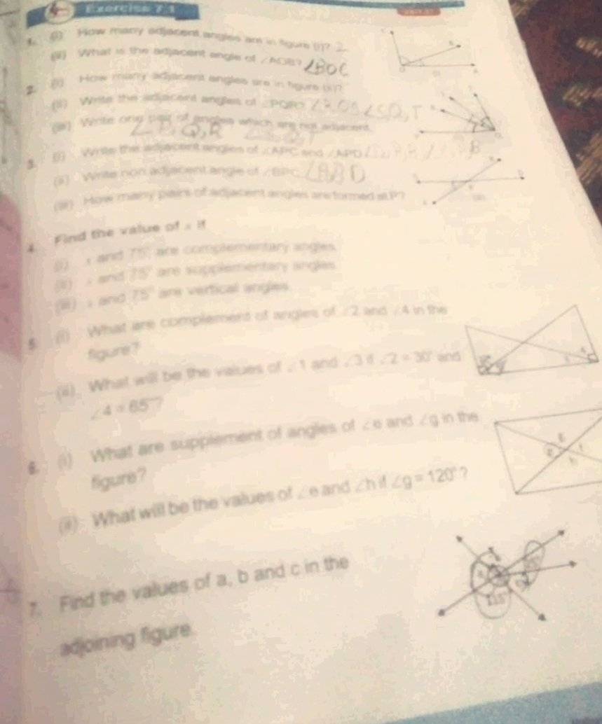 Geometry Exercise Questions How many adjacent angles are in figure (i)?