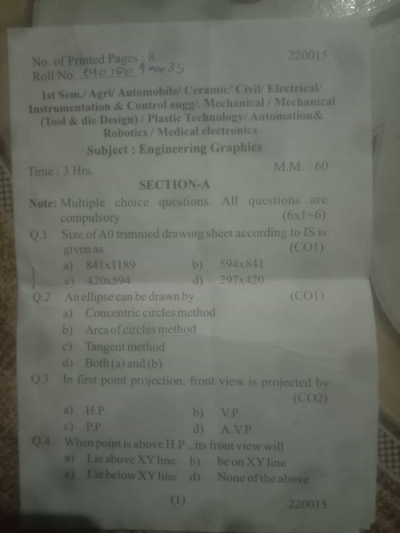 Engineering Graphics - Multiple Choice Questions Size of A0 trimmed draw..