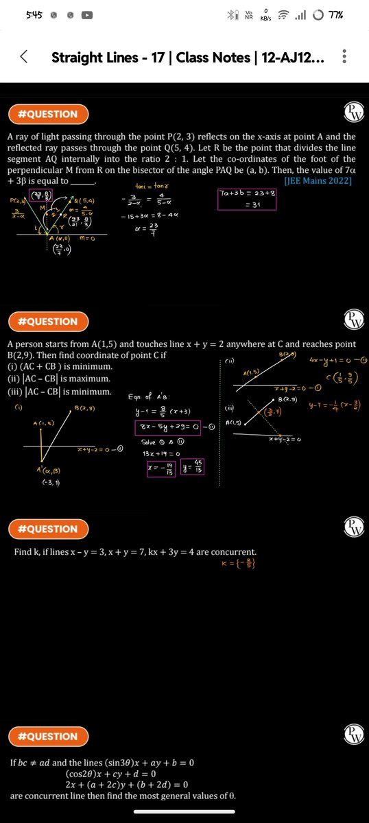 Questions A ray of light passing through the point P(2, 3) reflects on t..