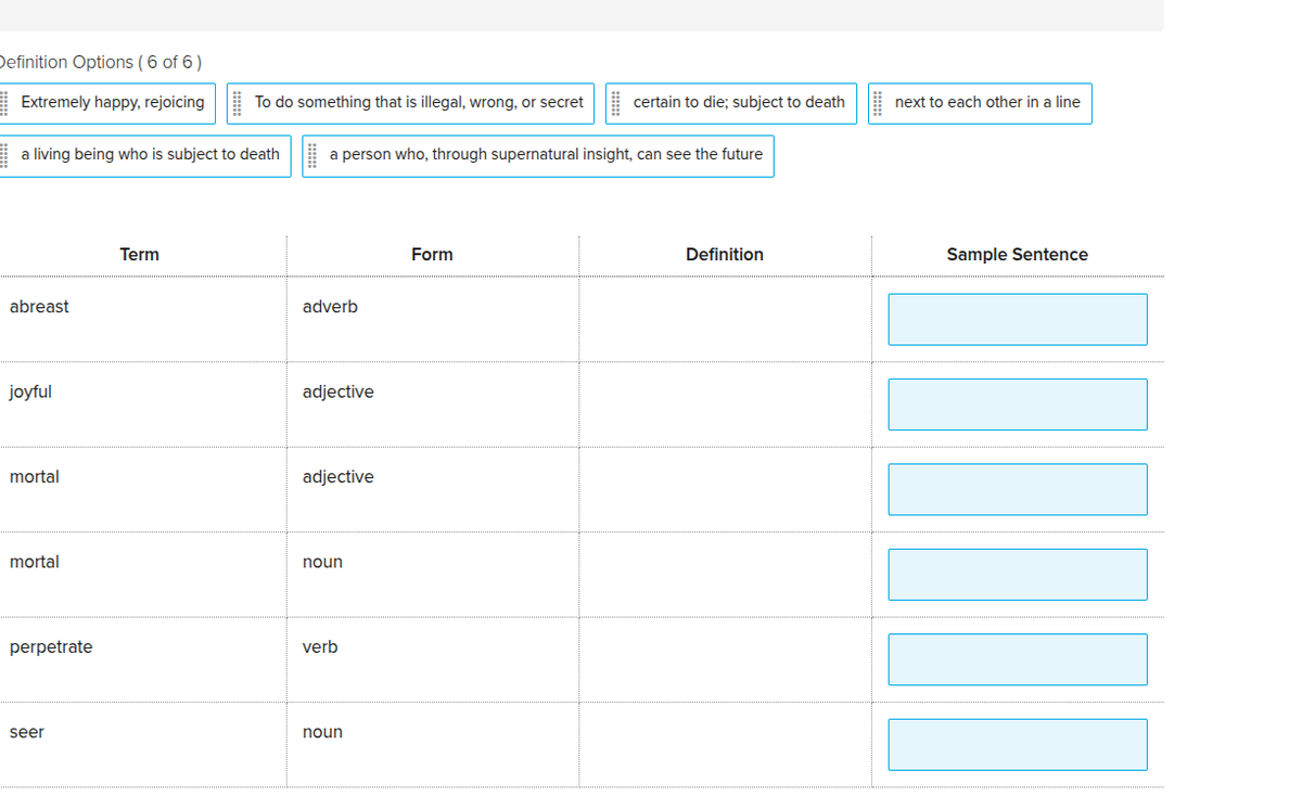 Match the term with its form, definition, and create a sample sentence.