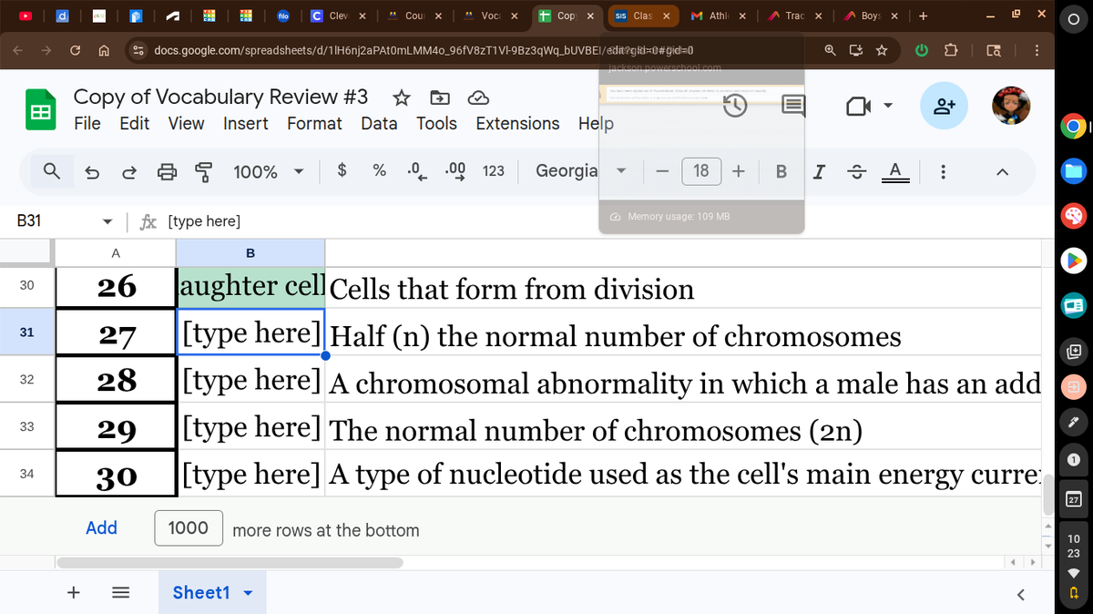 Complete the vocabulary review: Daughter cell: Cells that form from divi..
