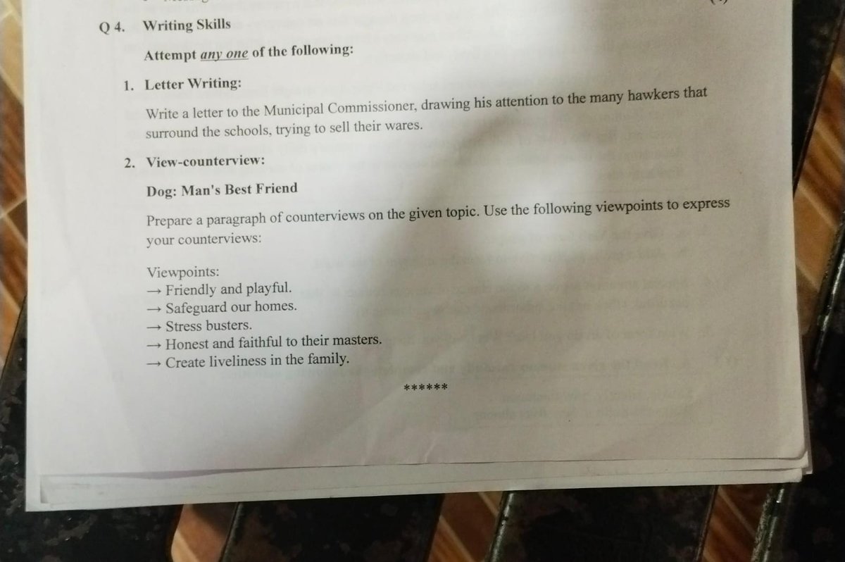 Q4. Writing Skills Attempt any one of the following: Letter Writing: Wri..