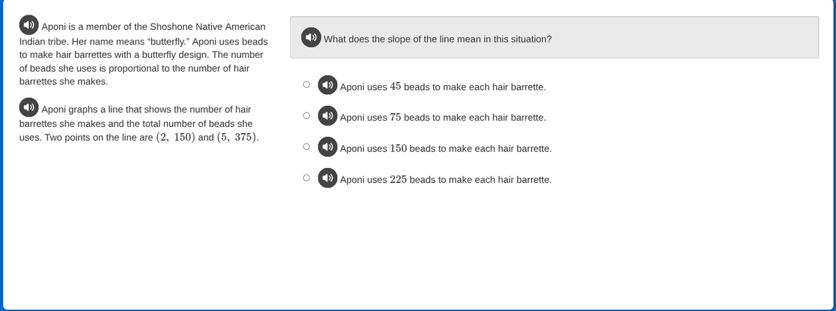 Aponi graphs a line that shows the number of hair barrettes she makes and..