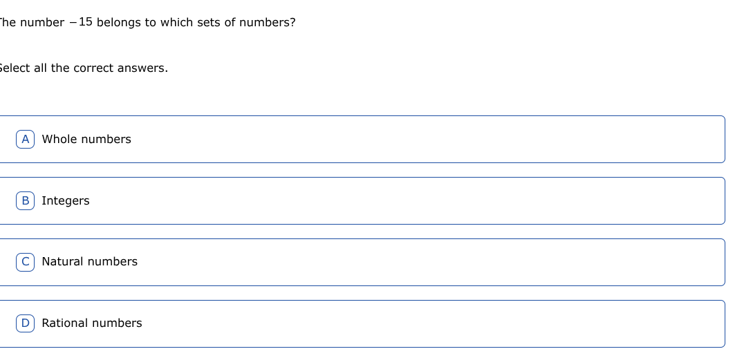 The number -15 belongs to which sets of numbers? Select all the correct