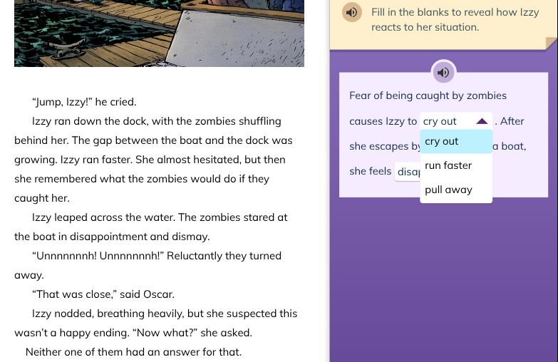 "Jump, Izzy!" he cried. Izzy ran down the dock, with the zombies shufflin..