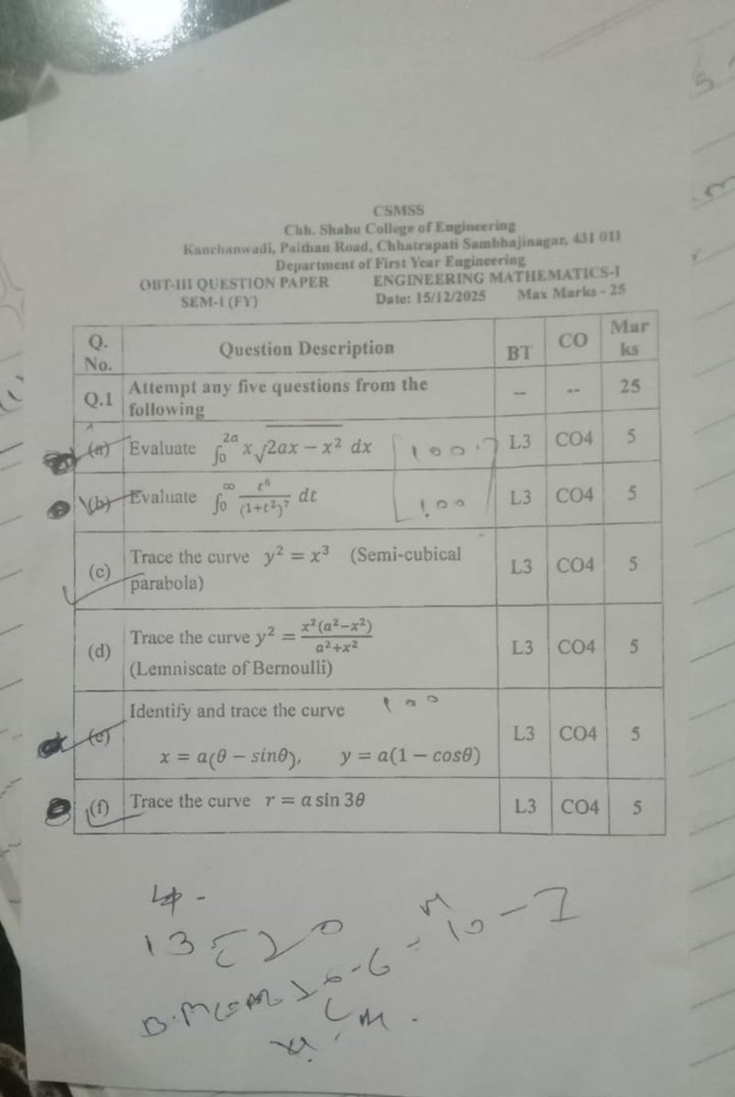Attempt any five questions from the following: a) Evaluate \int_{0}^{2a}..
