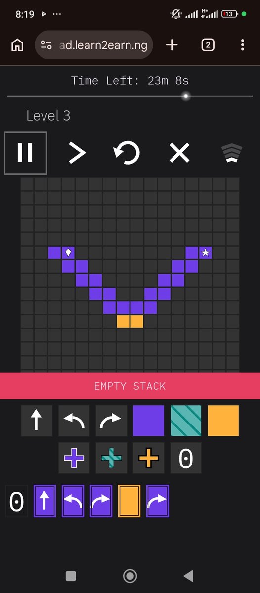 The image shows a game interface with a grid and a path made of colored b..