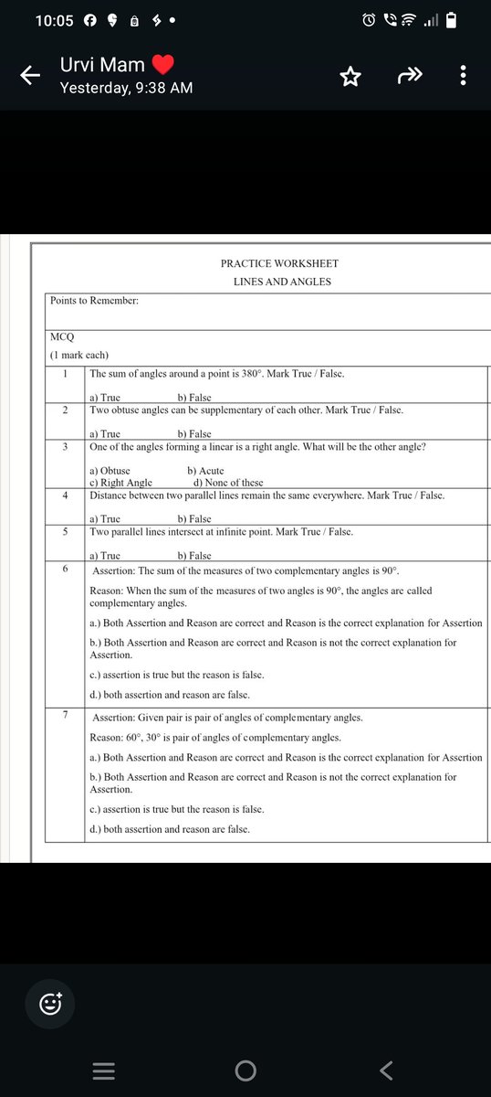 PRACTICE WORKSHEET: LINES AND ANGLES Multiple Choice Questions (1 mark e..