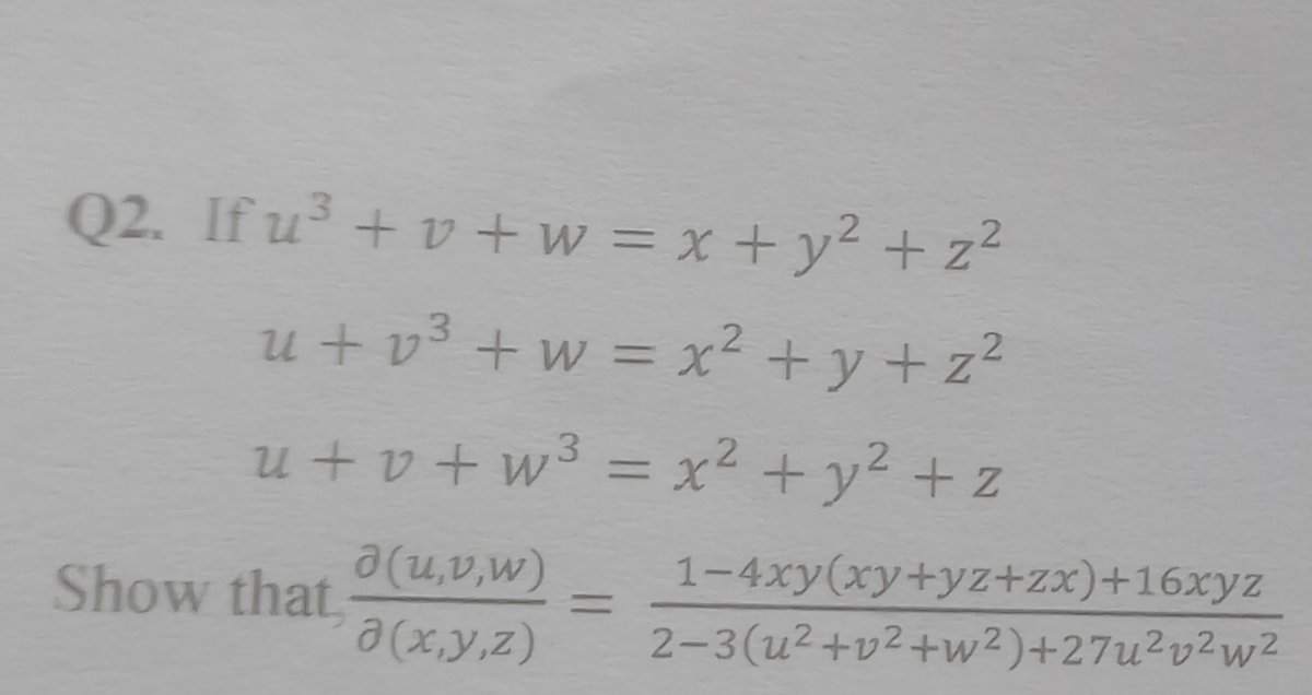 Given the system of equations: \begin{cases}\nu^3 + v + w = x + y^2 + z..