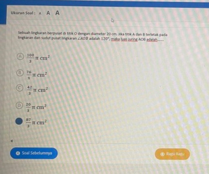 Sebuah lingkaran berpusat di titik O dengan diameter 20 cm. Jika titik A