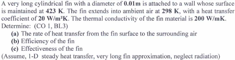 A very long cylindrical fin with a diameter of 0.01 m is attached to a wa..