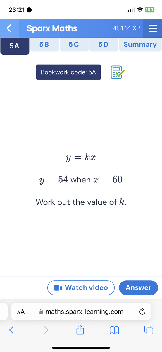 y = kx y = 54 when x = 60 Work out the value of k. | Filo