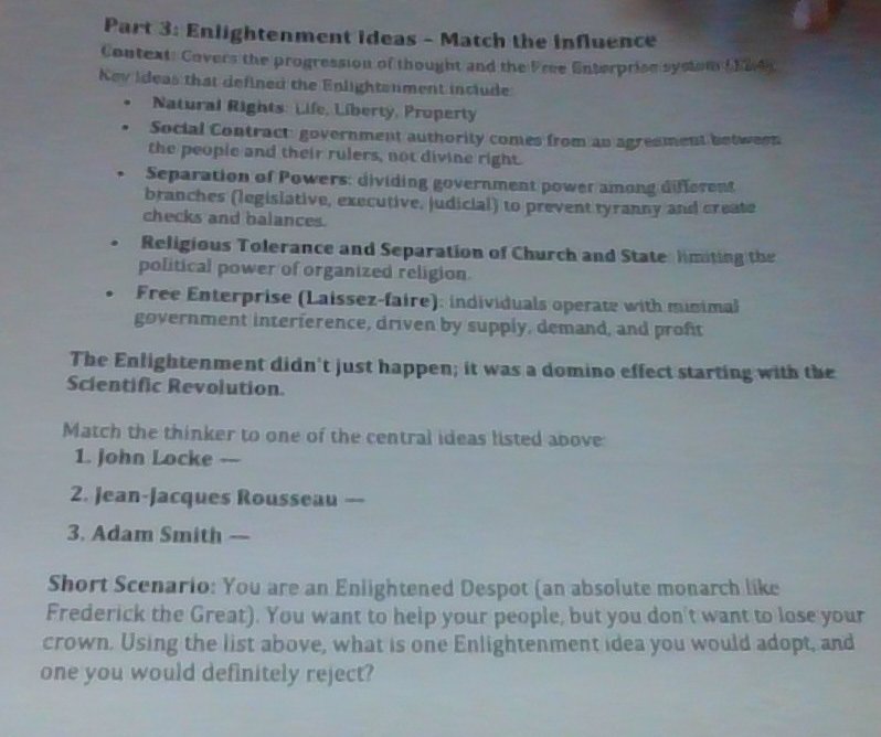 Part 3: Enlightenment Ideas - Match the influence Context: Covers the pr..
