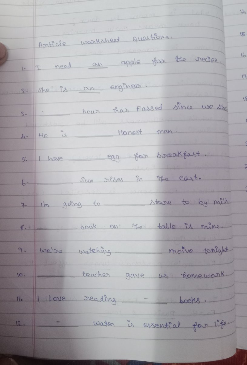 Article Worksheet Questions Fill in the blanks with suitable articles (a..