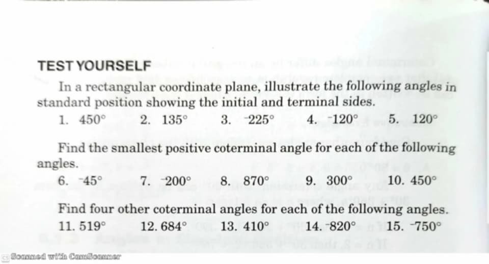 In a rectangular coordinate plane, illustrate the following angles in sta..