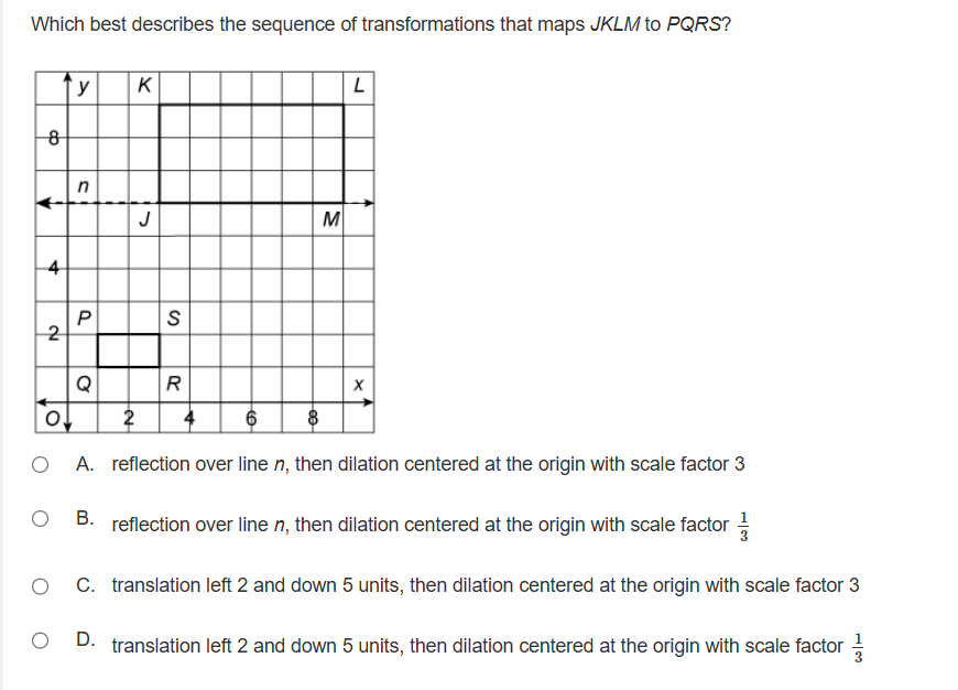 Which sequence of transformations maps quadrilateral JKLM onto quadrilate..