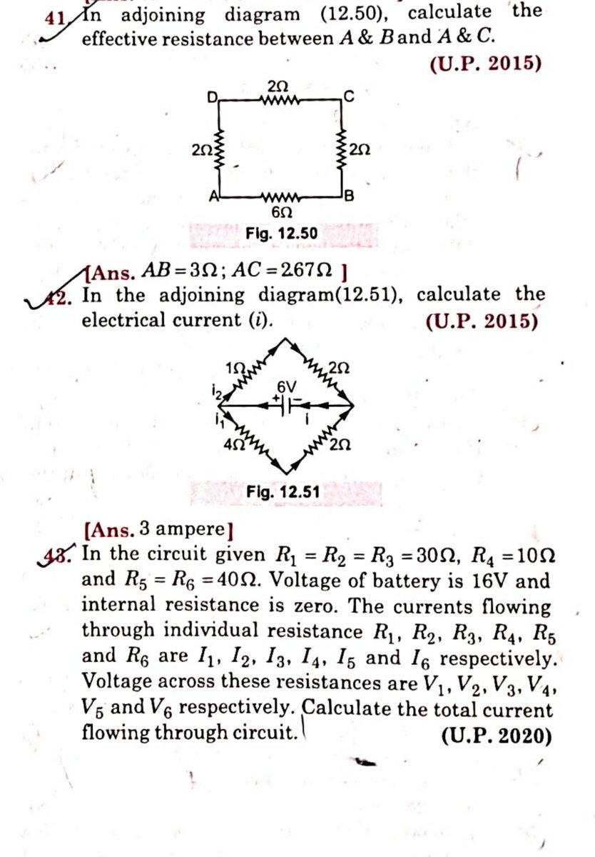 Calculate the effective resistance between points A & B and A & C in the